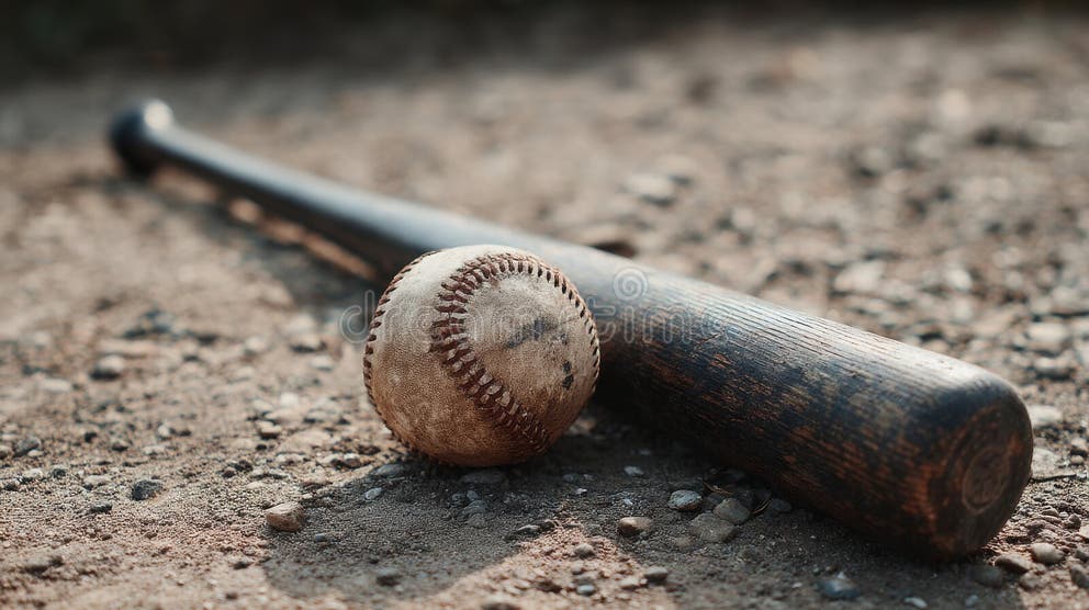 A Stunning Image of Baseball and a Bat on the Ground. Stock Photo ...