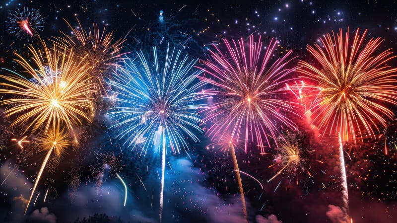 Vibrant Fireworks Illuminate Night Sky in Colorful Display Stock ...