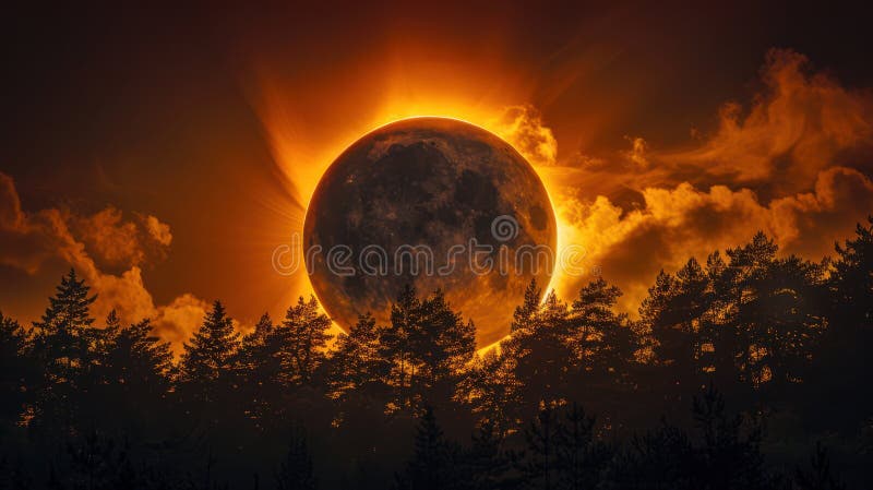 Mysterious Total Solar Eclipse: Dark Moon Silhouette Above Night Forest ...