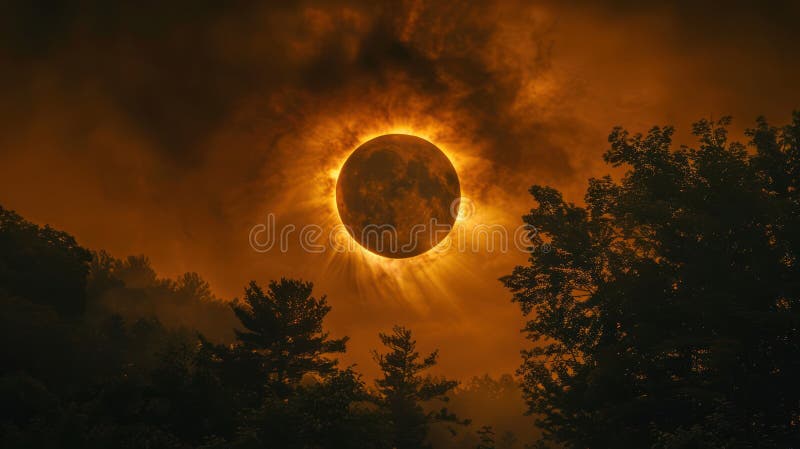 Mysterious Total Solar Eclipse: Dark Moon Silhouette Above Night Forest ...