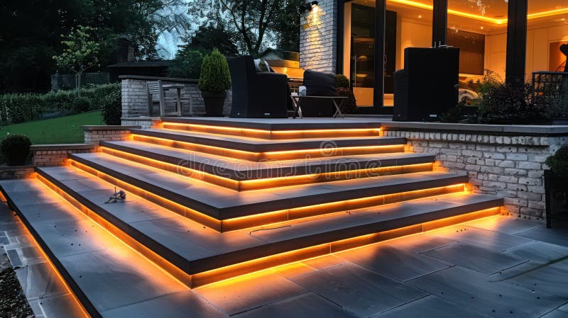 Nighttime Glow: Illuminated Patio Steps Shine in the Dark Stock ...