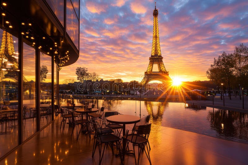 Parisian Sunset: Serene Empty Cafe with Eiffel Tower Backdrop Stock ...