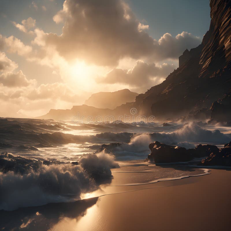 Golden Sunset Over Rugged Coastal Cliffs with Crashing Ocean Waves ...