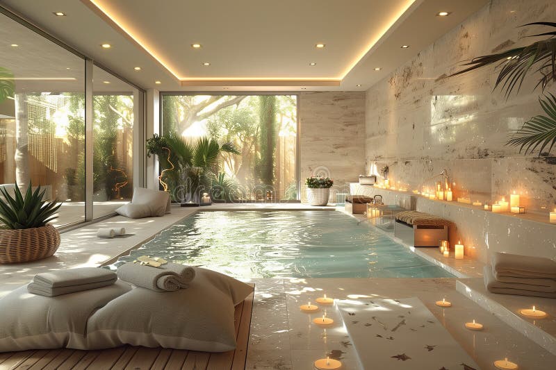 Spacious Pool Area with Natural Light and Greenery Stock Image - Image ...