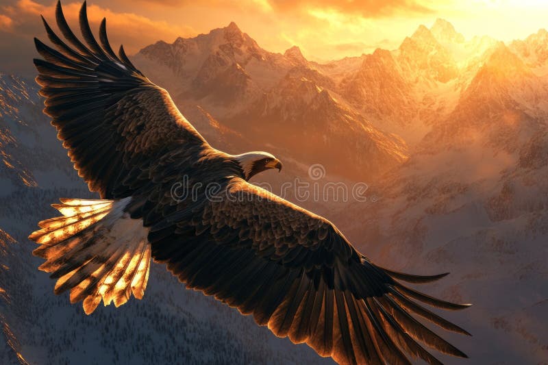 Majestic Eagle Soaring Above the Mountains at Sunset. Its Powerful ...