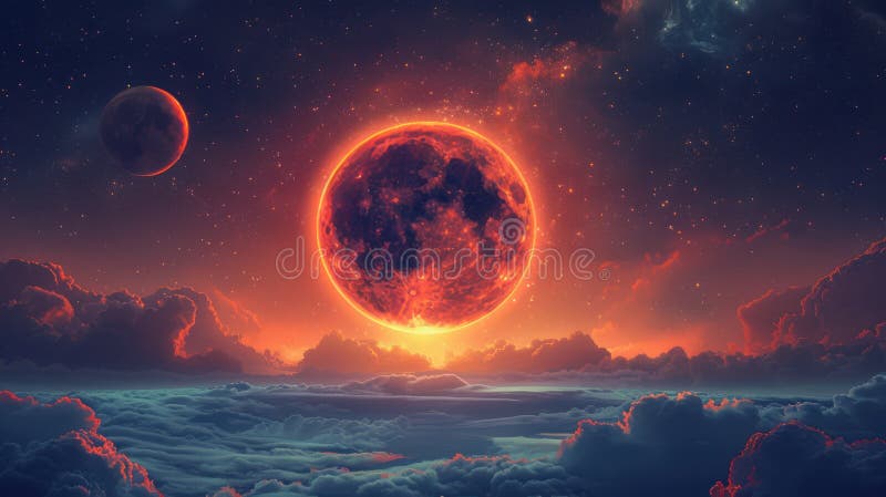 Red Blood Moon Eclipse with Clouds and Planet in the Background Stock ...