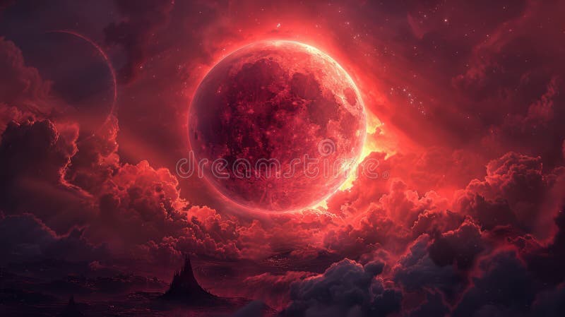 Red Blood Moon Eclipse with Clouds and Planet in the Background Stock ...