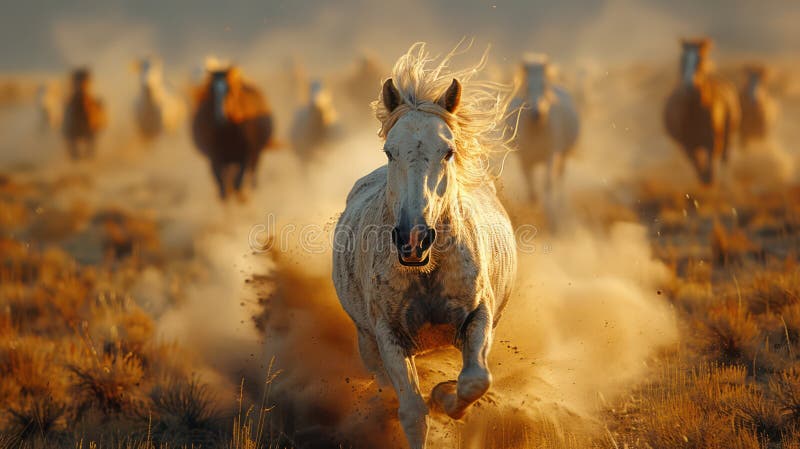 Midwest Mustang Stampede: Herd of Wild Horses Galloping Across ...