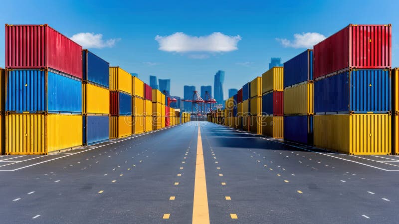 Container Yard with Rows of Stacked Shipping Containers on a Long Road ...