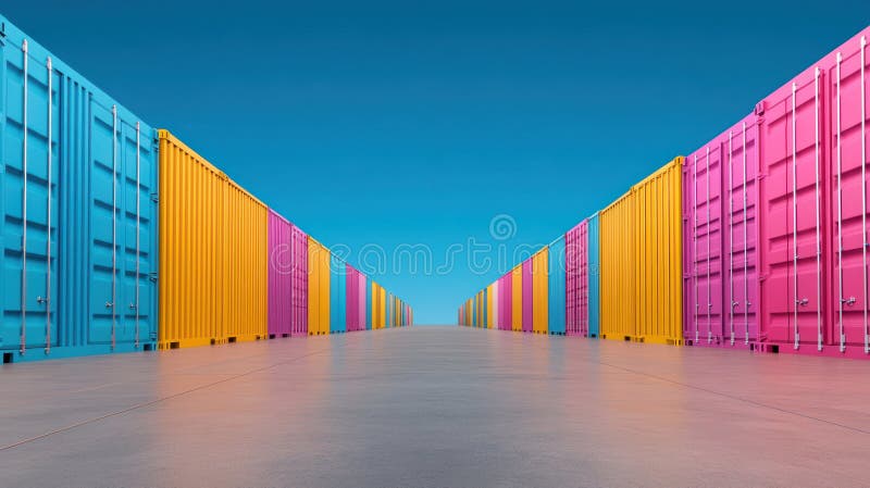Container Yard with Rows of Stacked Shipping Containers on a Long Road ...