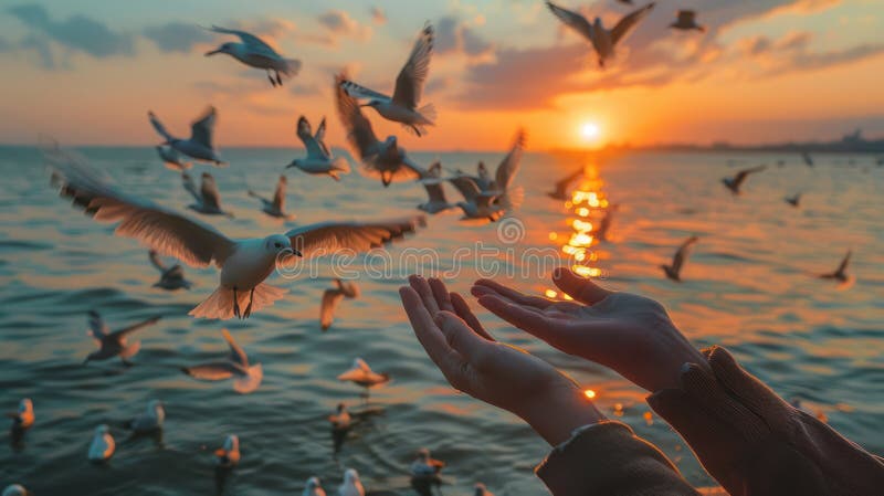 Blessed Hands: Open Palms in Prayer with Birds Flying Over Calm Water ...