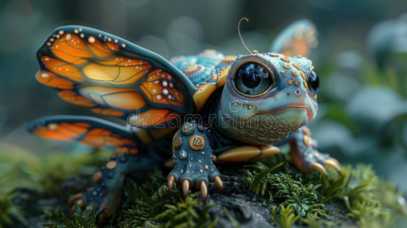 Enchanted Turtle-Butterfly-Owl Creature Perched on Mossy Rock in ...