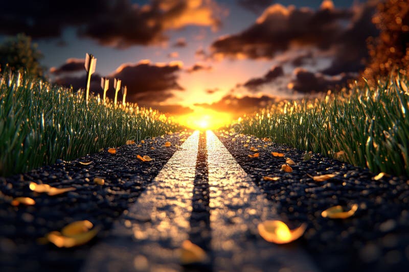 Sunset Path To Success: a Roadmap with Goals and Arrows Ahead Stock ...