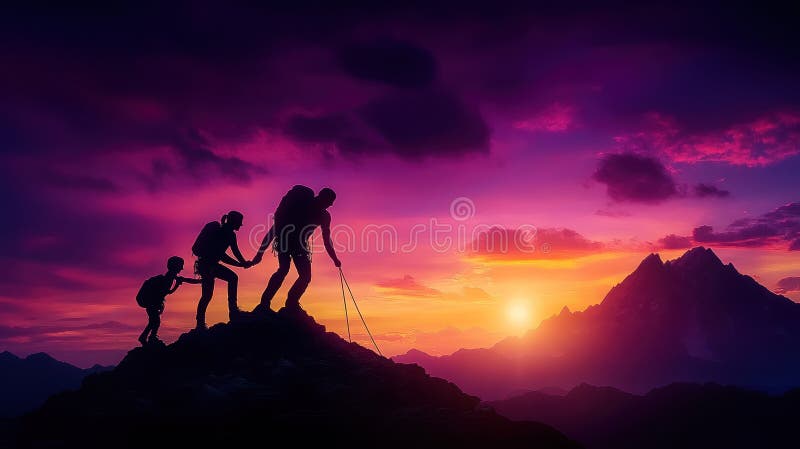 Summiting Together: Teamwork and Perseverance at Sunset with Dramatic ...