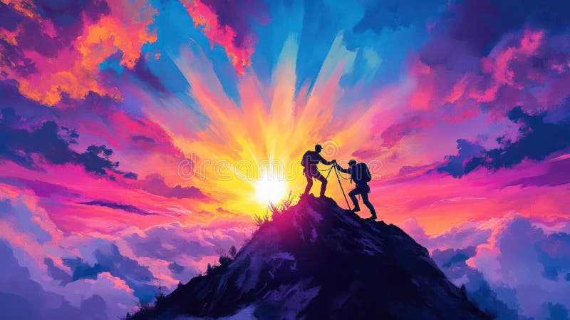 Summiting Together: Teamwork and Perseverance at Sunset with Dramatic ...