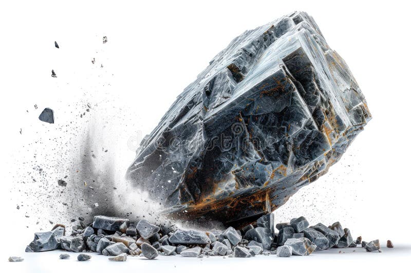 Fantasy Rock Explosion on White Background with Falling Dust and Flying ...