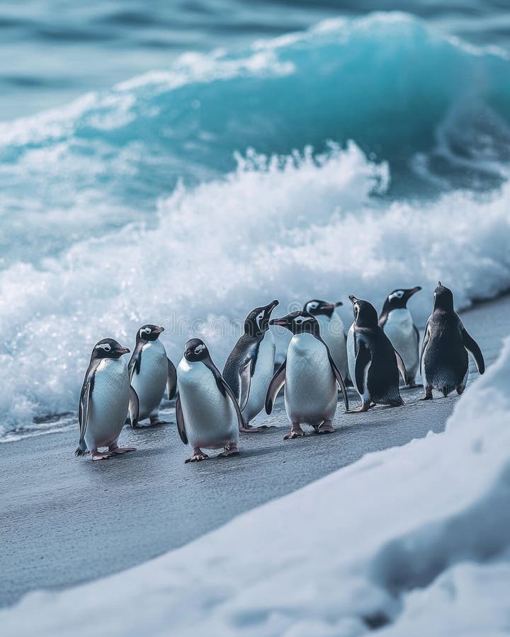 A Group of Penguins Stands on the Shore. they Observe the Waves ...
