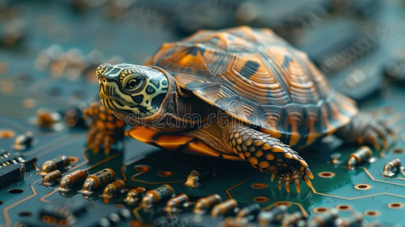 Metallic Turtle on Blue Circuit Board: Harmony of Nature and Technology ...