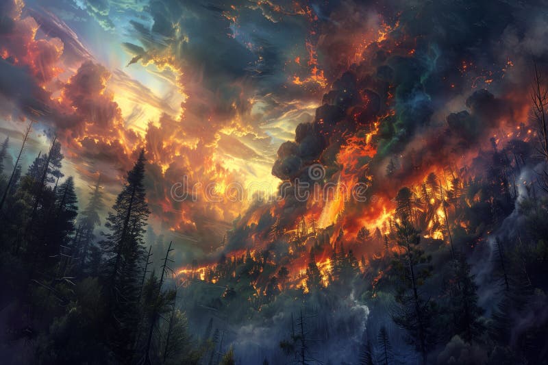 Dramatic Forest Fire at Sunset Stock Illustration - Illustration of ...