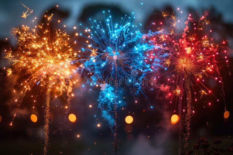 Triple Burst Fireworks Display Illuminating the Night Sky Stock ...