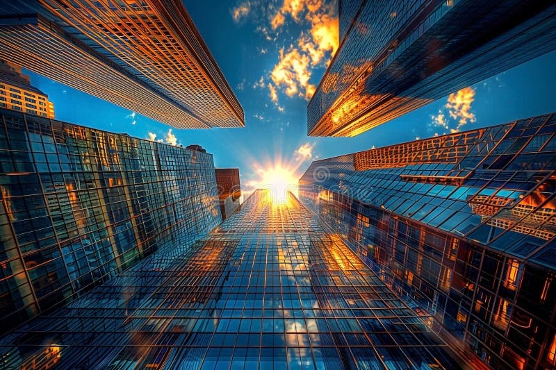 Modern Cityscape with Skyscrapers at Sunset â€“ Tilted Angle View Stock ...