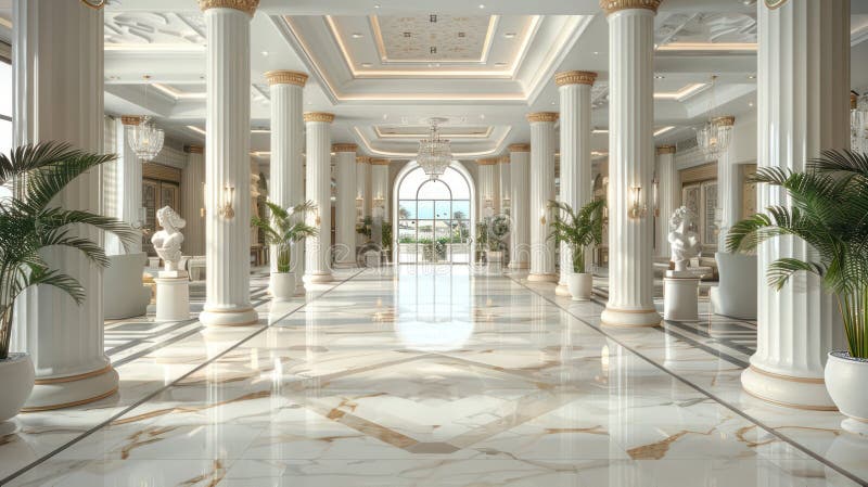 Luxury Hotel Lobby with Classical Columns, White Marble Ambience, and ...