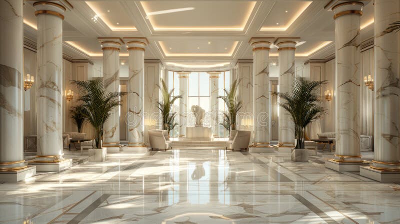 Luxury Hotel Lobby with Classical Columns, White Marble Ambience, and ...