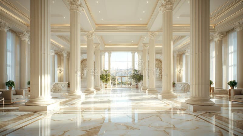 Luxury Hotel Lobby with Classical Columns, White Marble Ambience, and ...