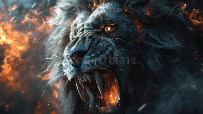 Fierce and Furious: an Aggressive Lion Roaring in Anger Stock ...