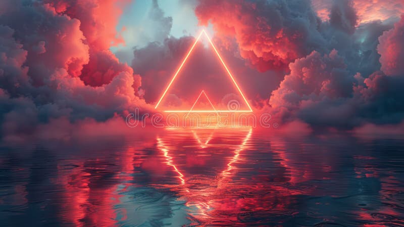Neon Triangle Reflection on Water with Clouds Stock Illustration ...