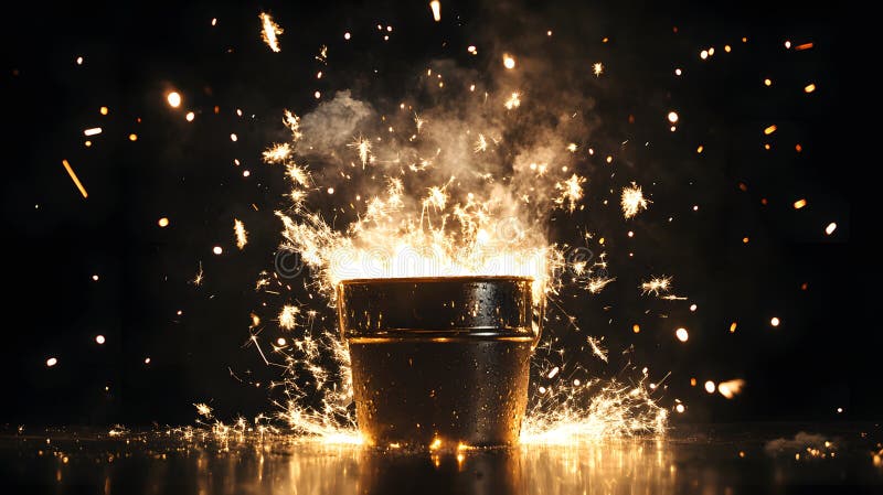 Silver Bucket Bursting with Sparks and Smoke in Dramatic Dark Setting ...