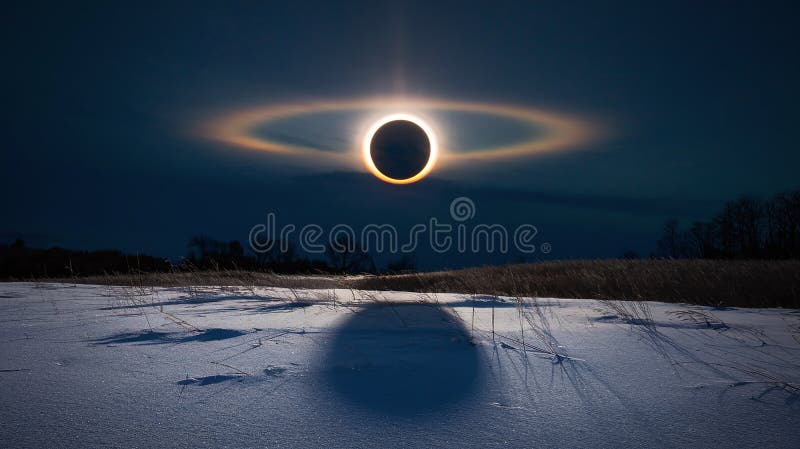 Solar Eclipse Over Snowy Field with Silhouetted Trees and Vibrant Halo ...