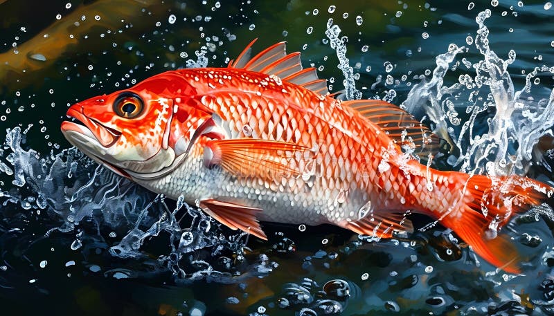 Vibrant Red Fish Jumping Out of Water Stock Photo - Image of ...