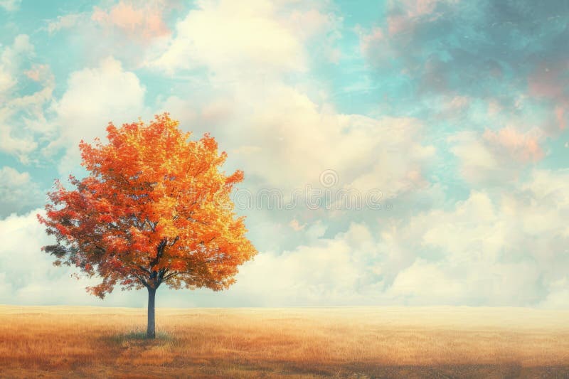Vibrant Autumn Maple Tree in Golden Field, Seasonal Landscape Stock ...