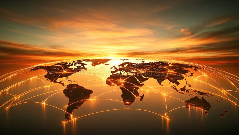 Global Network Connections at Sunset World Map with Illuminated Lines ...