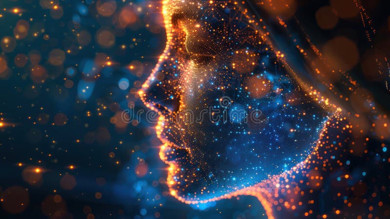 Glowing Abstract Human Face with Digital Particles and Lines on Dark ...