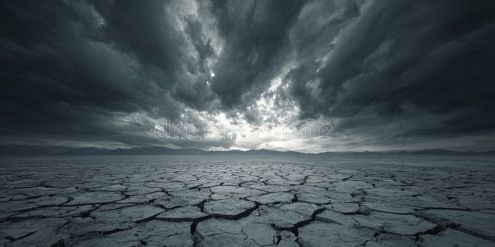 A Stunning Image of Desolate Cracked Earth Under a Dark, Dramatic Sky ...