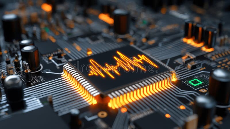A Stunning Image of Digital Circuit Board Close-Up with Orange Waveform ...