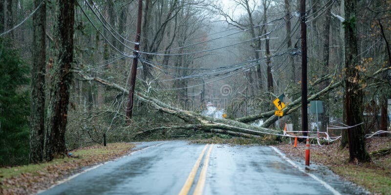 A Stunning Image of Fallen Tree Blocks Road after Storm. Power Lines ...