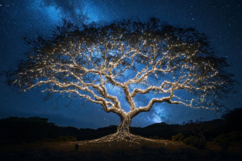 A Magnificent Tree Illuminated with Bright Lights Stands Against a Deep ...