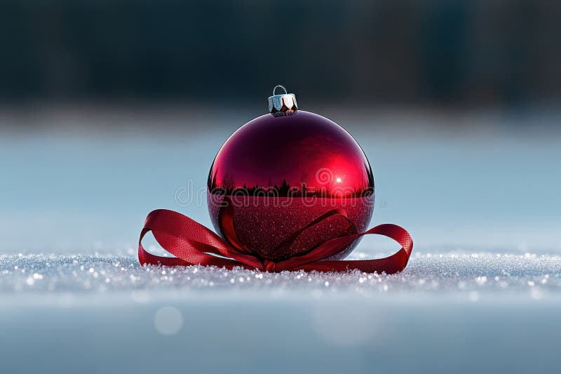 Festive Red Sphere with Bow and Ribbon on Snow - Perfect for Christmas ...
