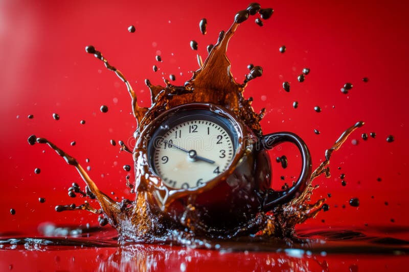A Clock Submerged in Coffee Splashes on a Red Background. Time and ...