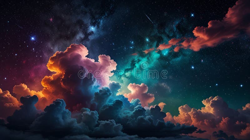 Colorful Clouds Drifting through a Starry Night Sky Stock Illustration ...