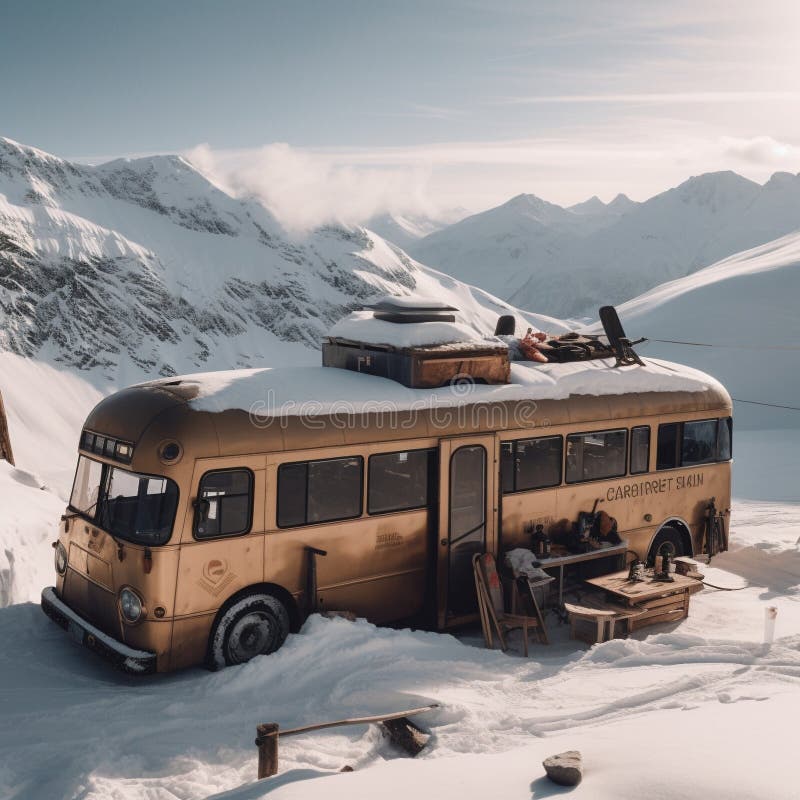 Converted School Bus Parked on a Remote Mountain Pass with Alpine ...
