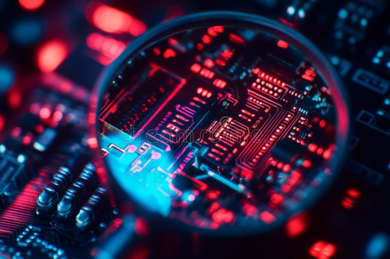 A Close-up View of a Microchip Under a Magnifying Glass. the Vibrant ...