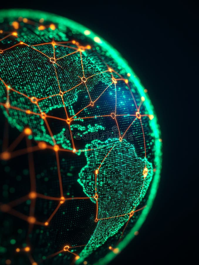 Digital Globe with Global Network Connections and Bright Nodes in Dark ...