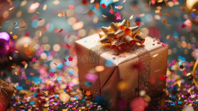 Shimmering Delight: Golden Gift Box with Festive Confetti Stock ...