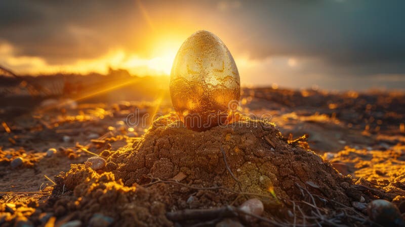 Golden Easter Egg at Sunrise on Mound of Earth Stock Illustration ...