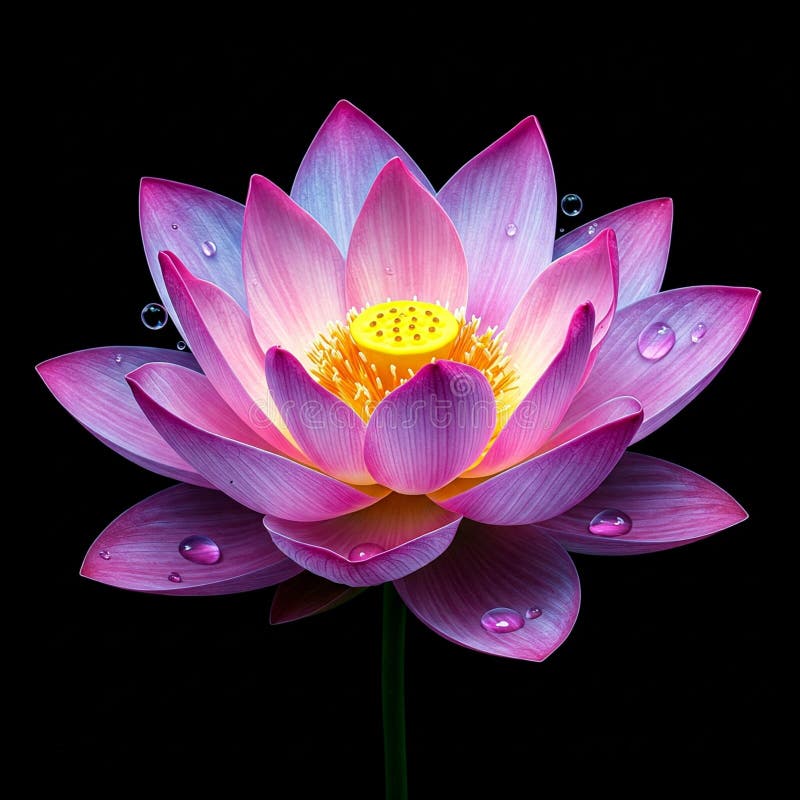 Luminous Lotus: a Vibrant Floral Fantasy on Black Stock Illustration ...