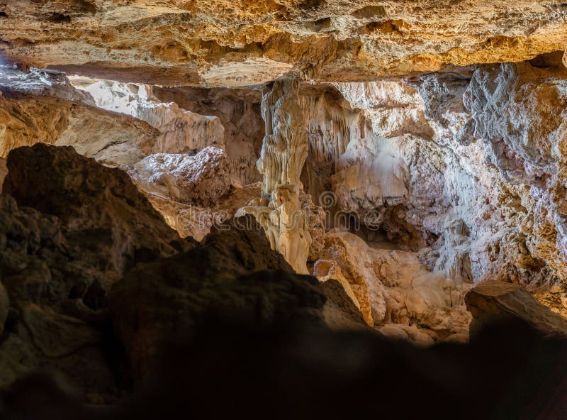 Interior of a Cave, with a Large Pillar of Stalactites and Stalagmites ...